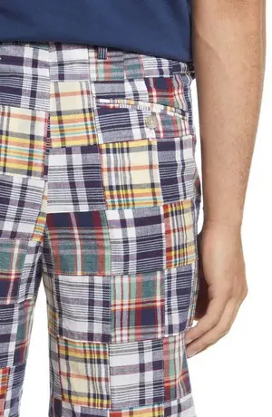 Berle Patchwork Madras Flat Front Shorts - Navy