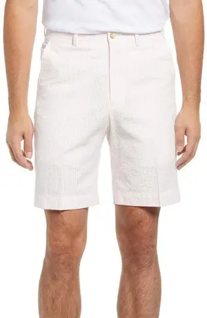 Berle Flat-front Seersucker Shorts - Pink
