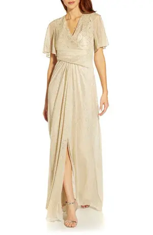 Adrianna Papell Metallic Mesh A-line Gown