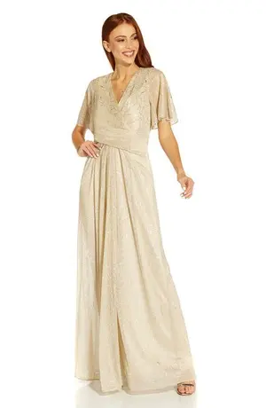 Adrianna Papell Metallic Mesh A-line Gown