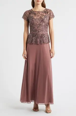 Pisarro Nights Beaded Mesh Gown - Mauve