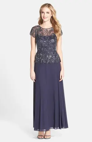 Pisarro Nights Beaded Mesh Gown - Slate