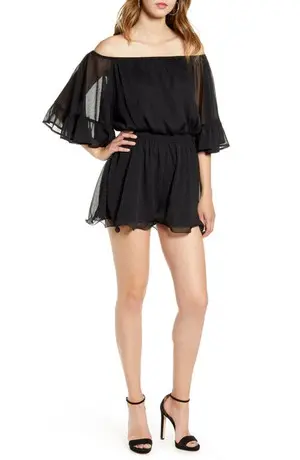 Endless Rose Endless Rose Off The Shoulder Ruffle Sleeve Romper Black