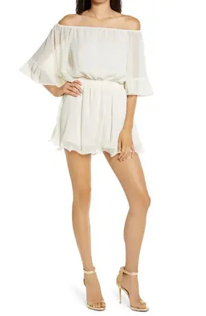 Endless Rose Endless Rose Off The Shoulder Ruffle Sleeve Romper Ivory
