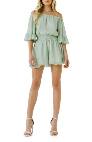 Endless Rose Endless Rose Off The Shoulder Ruffle Sleeve Romper Mint