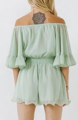 Endless Rose Off The Shoulder Ruffle Sleeve Romper - Mint