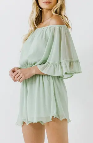 Endless Rose Off The Shoulder Ruffle Sleeve Romper - Mint