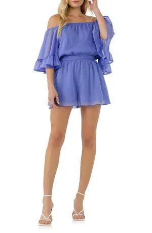 Endless Rose Endless Rose Off The Shoulder Ruffle Sleeve Romper Pale Blue