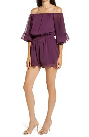 Endless Rose Endless Rose Off The Shoulder Ruffle Sleeve Romper Purple
