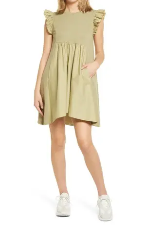 English Factory Mixed Media Ruffle Dress - Olive