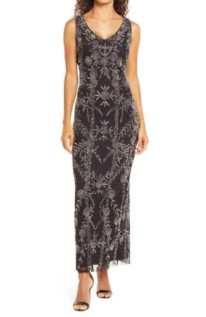 Pisarro Nights Beaded Mesh Gown Black/mercury