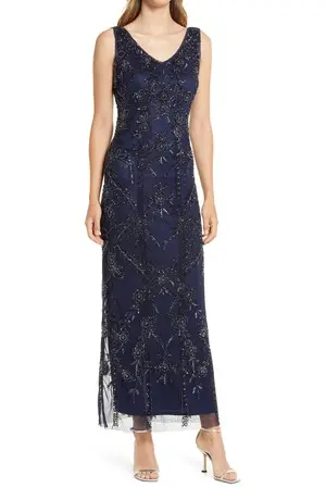 Pisarro Nights Beaded Mesh Gown Navy