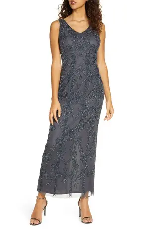 Pisarro Nights Beaded Mesh Gown Slate