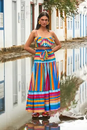 knee length dresses for ladies Blue Martina Scarf Cut Out Fringe Maxi Dress – FARM Rio main image 0