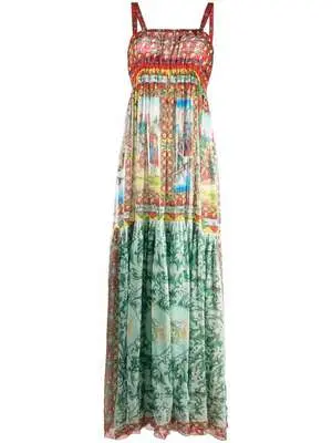Dolce & Gabbana Carretto-print Long Chiffon Dress - Green