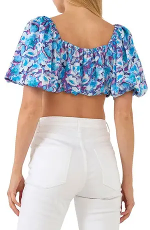 Endless Rose Floral Puff Sleeve Crop Top - Blue Multi