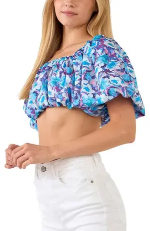 Endless Rose Floral Puff Sleeve Crop Top - Blue Multi