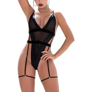 MAPALE Stripe Mesh Thong Teddy & Garter Straps - Black