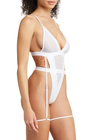 MAPALE Stripe Mesh Thong Teddy & Garter Straps - White