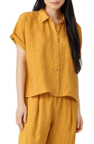 Eileen Fisher Organic Linen Short-Sleeve Shirt Marigold