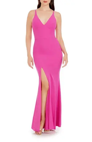 Dress The Population Iris Slit Crepe Gown Bright Fuchsia