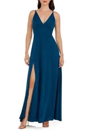 Dress The Population Iris Slit Crepe Gown - Peacock Blue