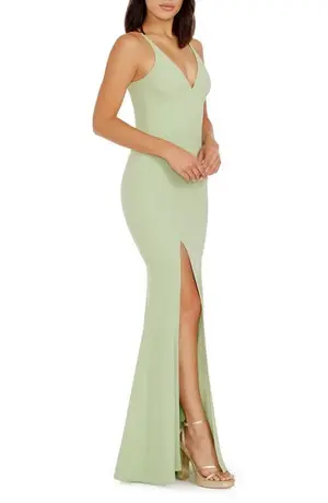 Dress The Population Iris Slit Crepe Gown - Sage