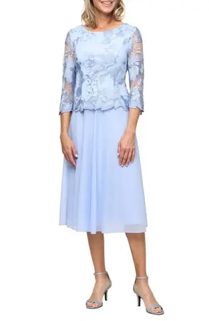 Alex Evenings Illusion Sleeve Embroidered Midi Dress - Hydrangea