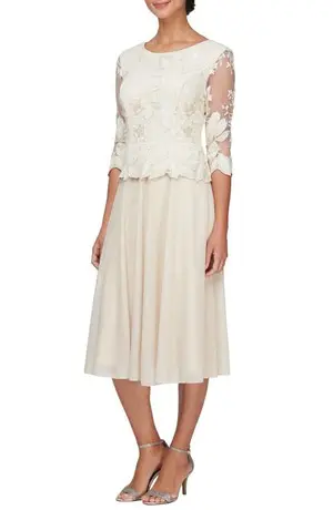 Alex Evenings Illusion Sleeve Embroidered Midi Dress - Taupe