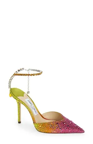 JIMMY CHOO Saeda Crystal Ankle Strap Pumps Amber Orange/ Berry Red/ Lime
