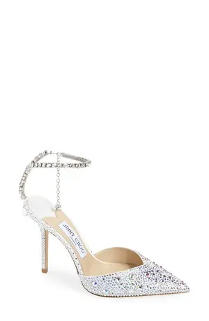 JIMMY CHOO Saeda Crystal Ankle Strap Pumps Ivory/ Crystal