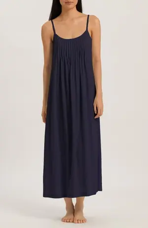 Hanro Juliet Pleat Neck Cotton Nightgown Evening Blue