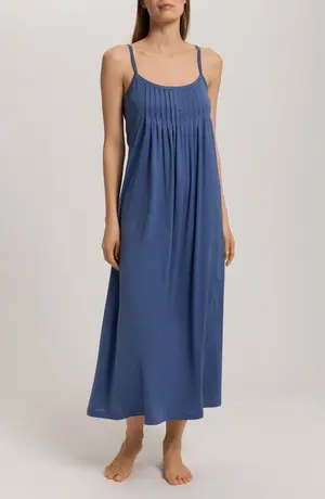 Hanro Juliet Pleat Neck Cotton Nightgown - Slate Blue