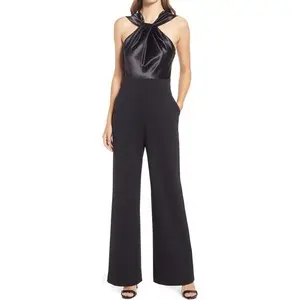 Eliza J Twist Neck Satin & Crepe Jumpsuit - Black