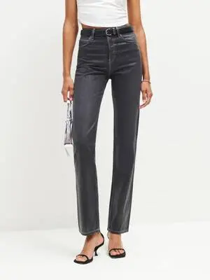 REFORMATION Cynthia High Rise Straight Long Jeans - Glossy Black