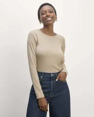Everlane Luxe Rib Long-Sleeve Crew Neck T-Shirt Heathered Tan