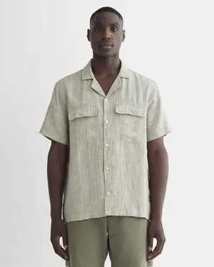 Everlane Resort Shirt In Linen - Oil Green/white