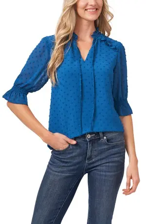 CECE DUPRAZ Clip Dot Tie Front Top With Ruffle Detail