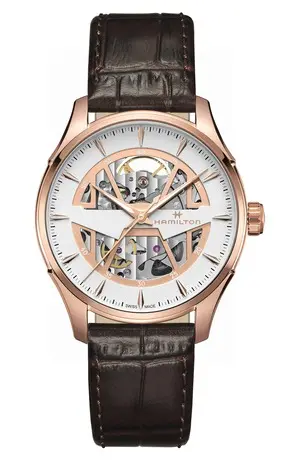 Hamilton Hamilton Jazzmaster Skeleton Leather Strap Watch Rose/ Brown