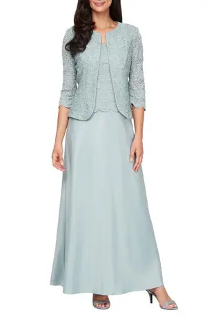 Alex Evenings Embroidered Lace Gown With Jacket - Ice Sage