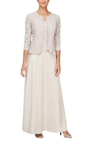Alex Evenings Embroidered Lace Gown With Jacket - Taupe