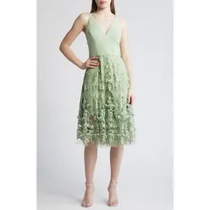 Dress The Population Darleen V-neck Embroidered Mesh Cocktail Dress - Sage