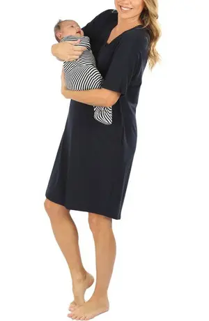 ANGEL MATERNITY Mama Hospital Maternity/nursing Nightgown With Bonus Baby Pouch - Navy