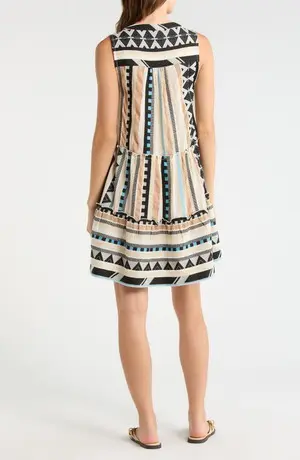 Elan Babydoll Cover-up Mini Dress - Neutral Aztec