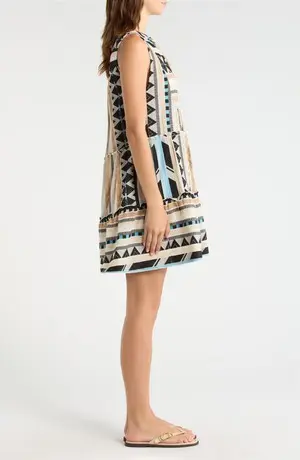 Elan Babydoll Cover-up Mini Dress - Neutral Aztec