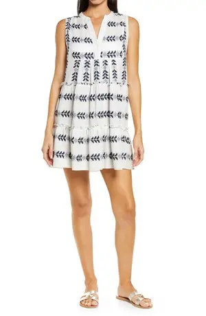Elan Babydoll Cover-Up Mini Dress White Navy Arrow Pri