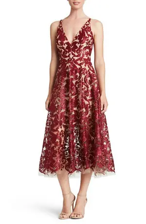 Dress The Population Blair Embellished Fit & Flare Cocktail Dress - Berry/nude