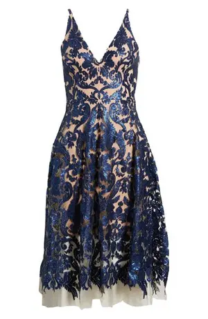 Dress The Population Blair Embellished Fit & Flare Cocktail Dress - Navy/nude