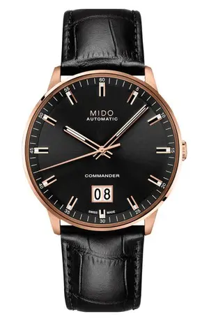 MIDO Commander Ii Skeleton Leather Strap Watch - Black/ Rose Gold
