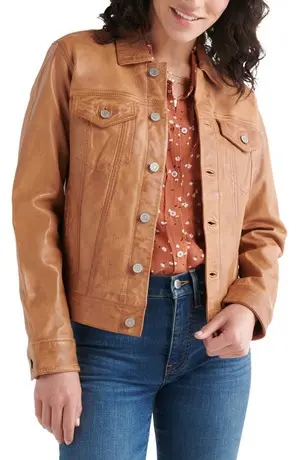 Lucky Brand Leather Trucker Jacket - Cognac